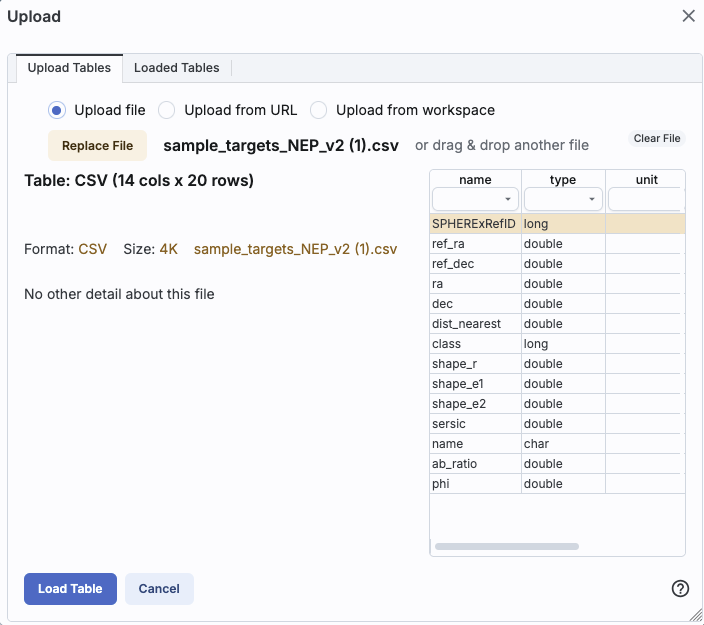 SPHEREx Data Explorer at IRSA: Upload